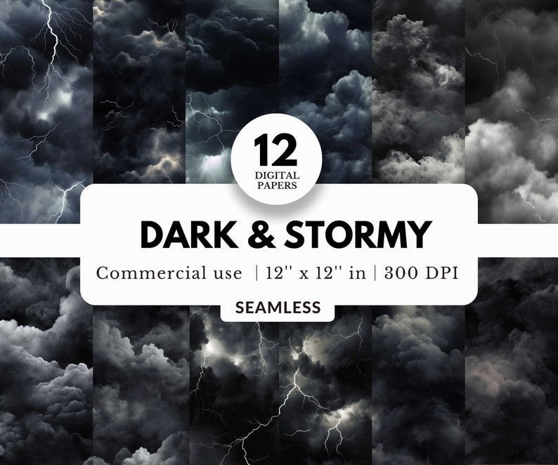 12 Dark and Stormy Digital Papers, Seamless Patterns, 12x12, Black ...