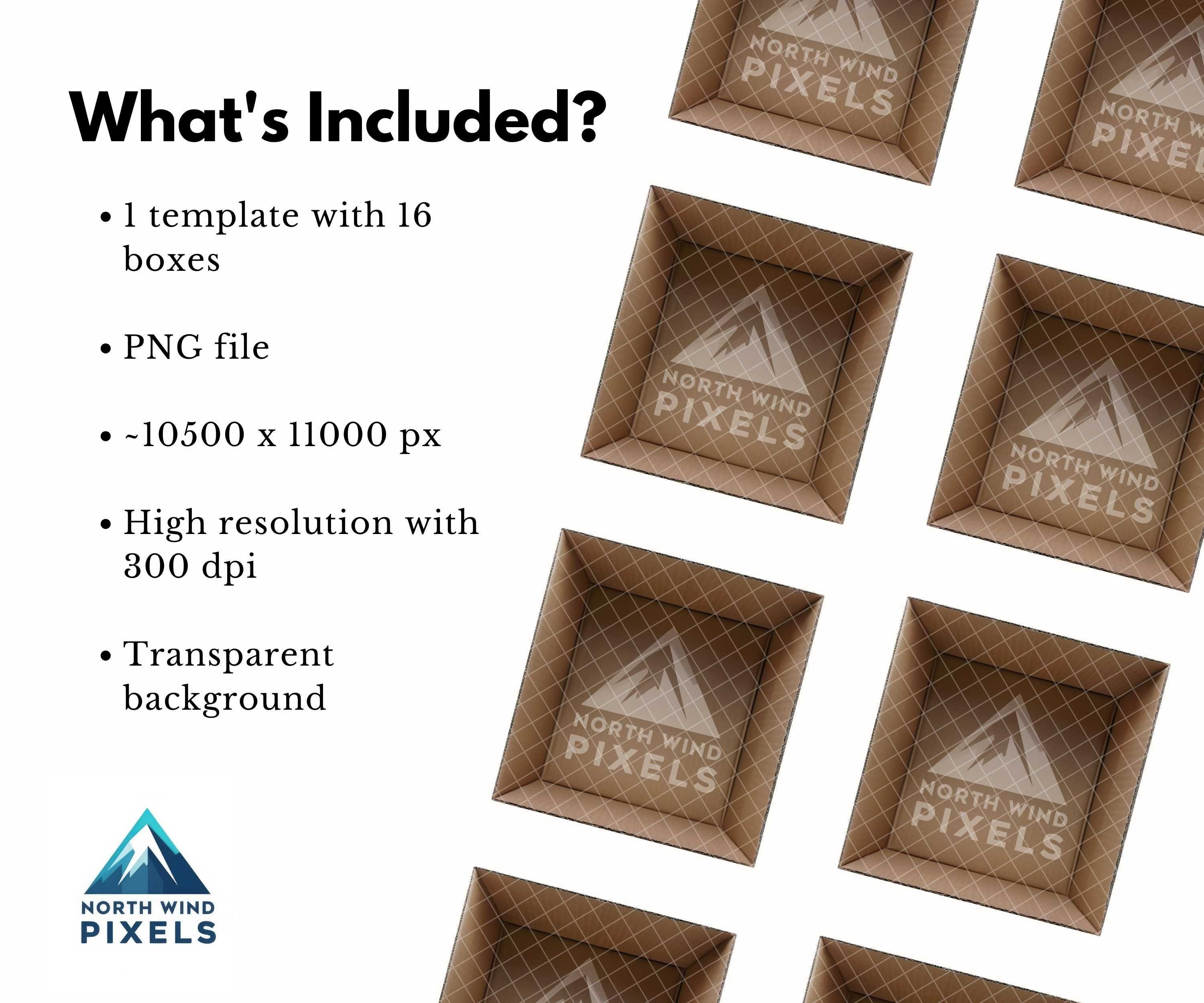 16 Empty Cardboard Box Digital Template, PNG, 4 by 4 Grid, Transparent ...