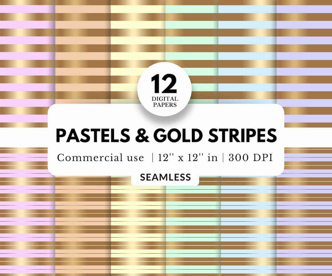 12 Pastels and Gold Stripes Digital Papers, Seamless Patterns, 12x12 ...
