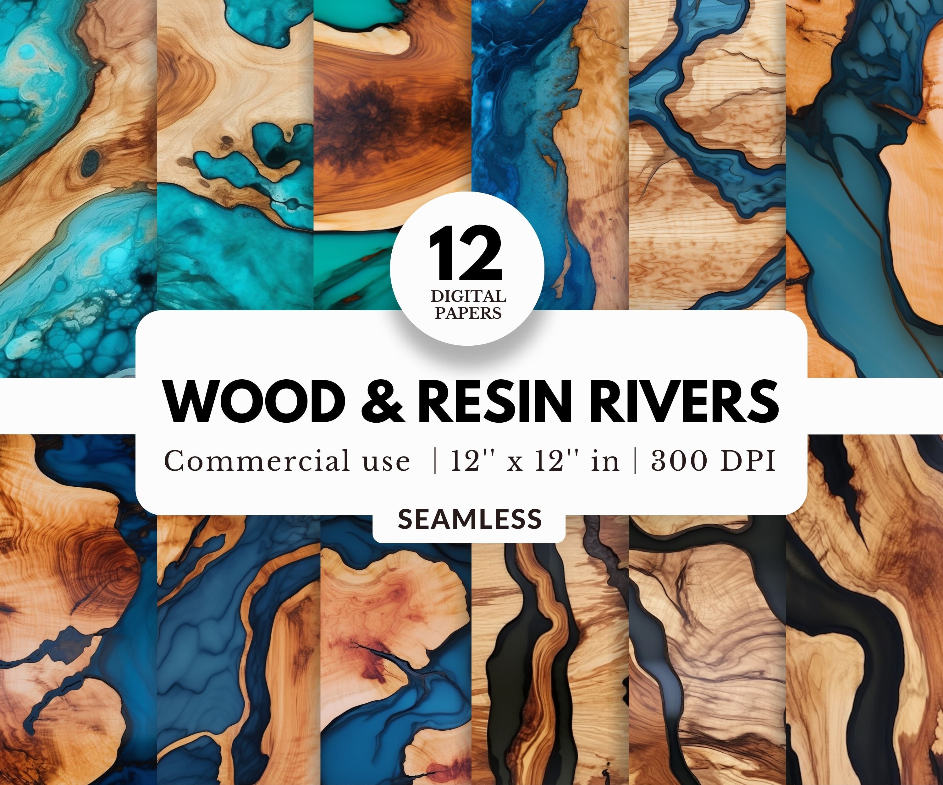 12 Wood and Resin River Digital Papers, Seamless Pattern, 12x12, JPG ...