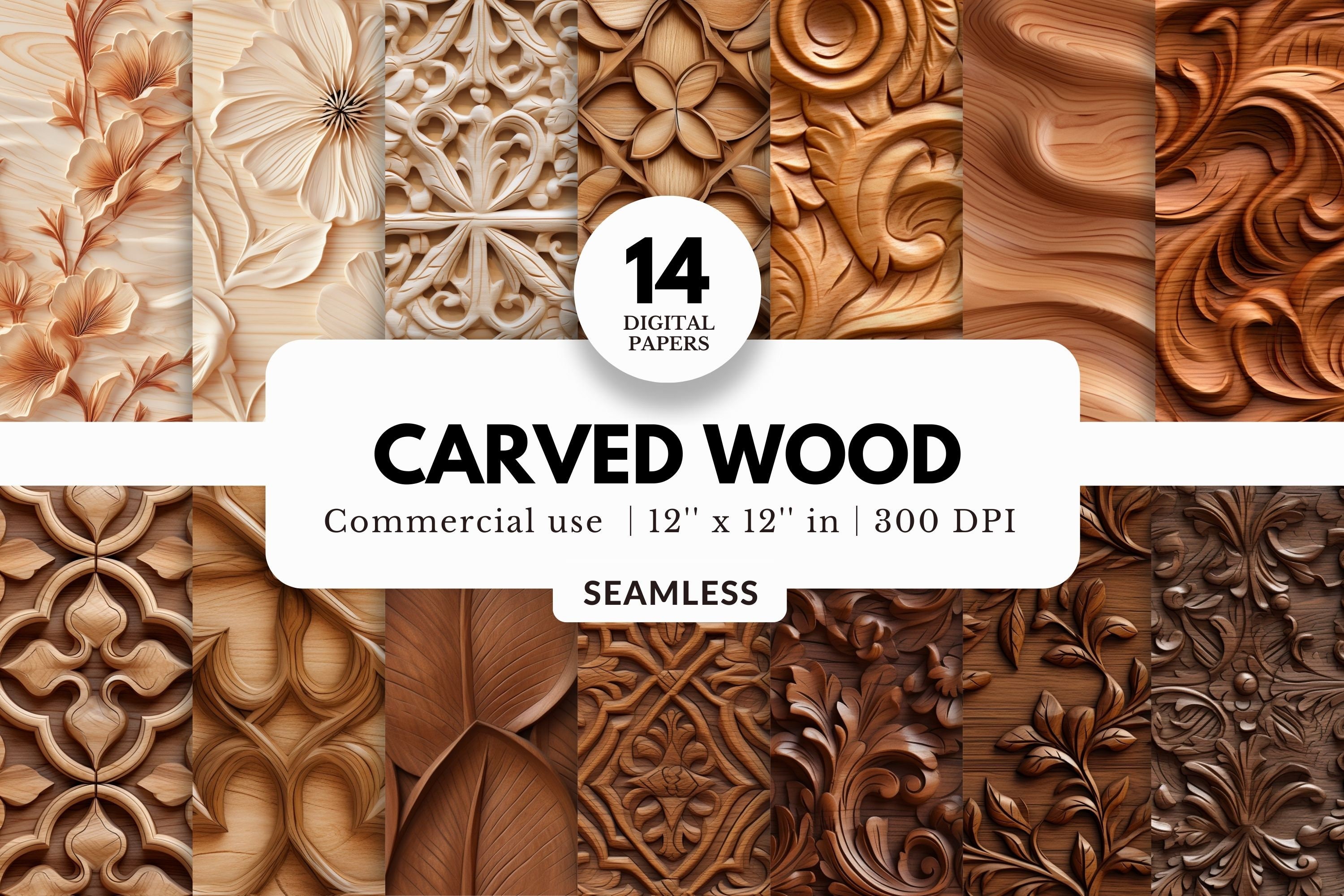 14 Carved Wood Digital Papers, Seamless Wood Texture, 12x12, Commercial ...