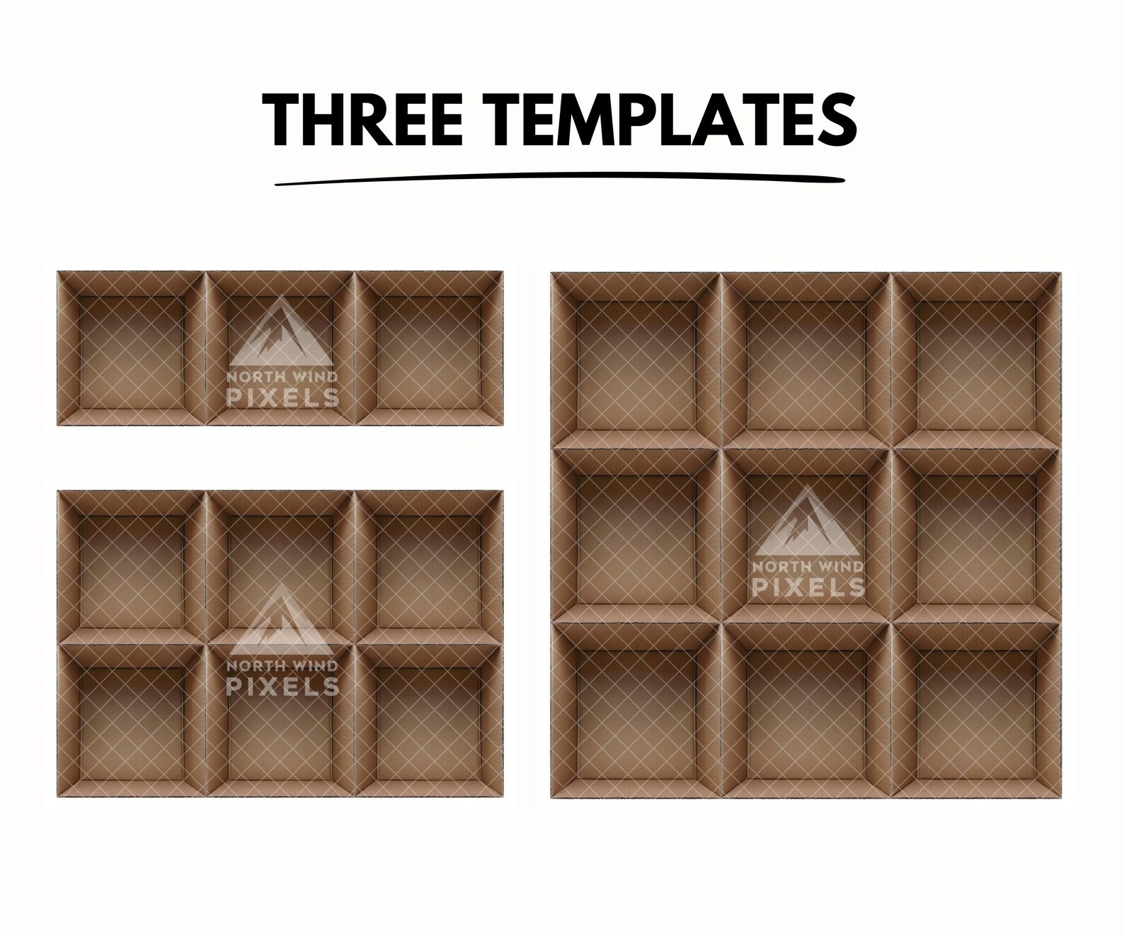 3 Digital Templates With Empty Cardboard Box, PNG, 3, 6 and 9 Box Grids ...