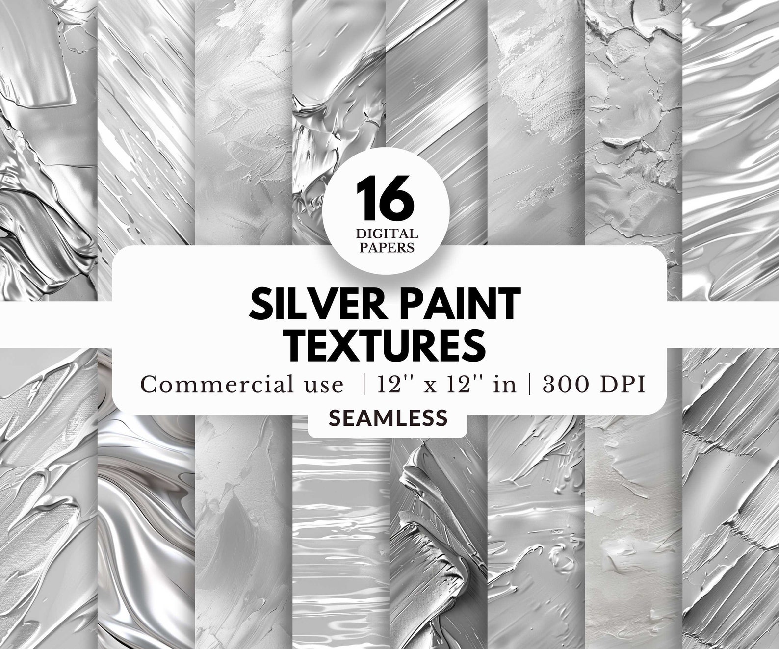 16 Silver Paint Textures Digital Paper Bundle, Seamless Pattern, 12x12 ...
