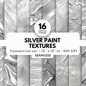 16 Silver Paint Textures Digital Paper Bundle, Seamless Pattern, 12x12 ...
