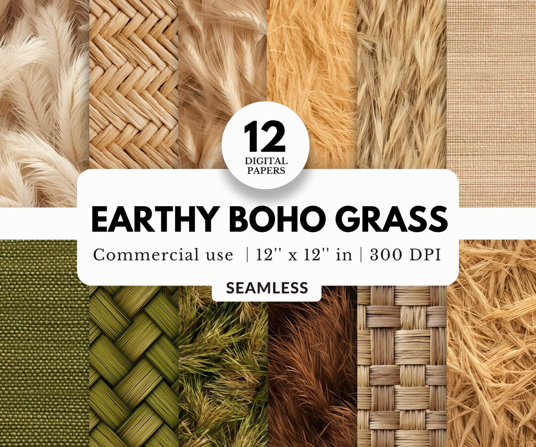 12 Earthy Boho Grass Texture Digital Papers, Seamless Patterns, 12x12 ...