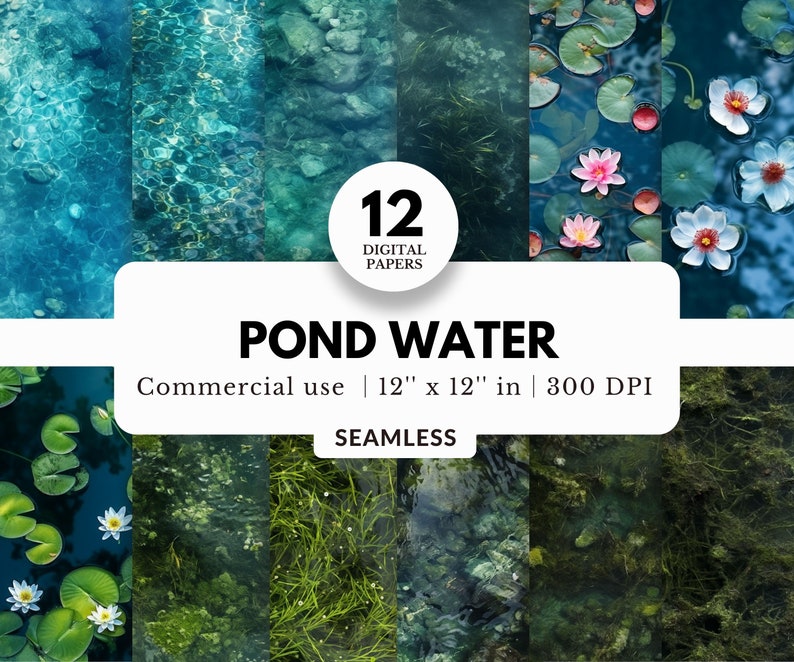 12 Pond Water Digital Papers, Seamless Textures, 12x12, JPG Files ...