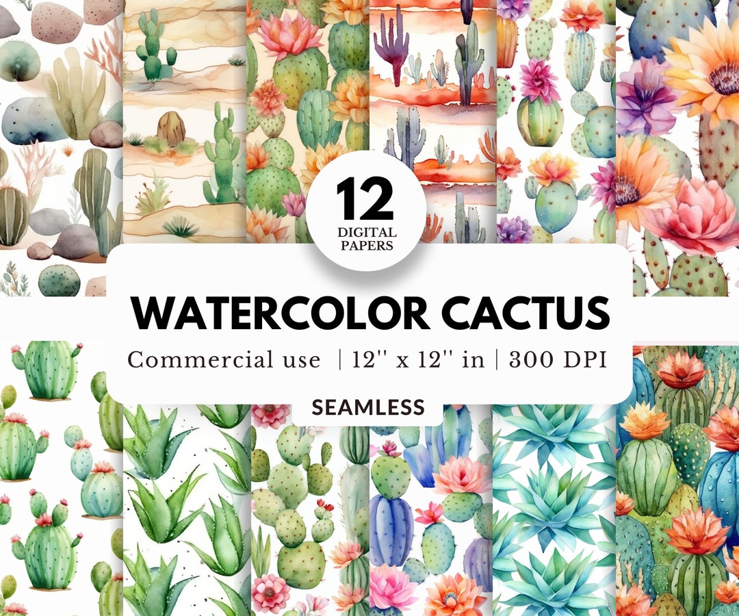 12 Watercolor Cactus Digital Papers, Seamless Patterns, 12x12, JPG ...