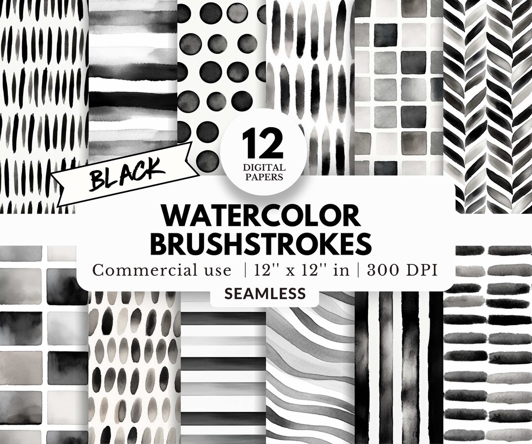 12 Black Watercolor Brushstrokes Digital Papers, Seamless Patterns ...