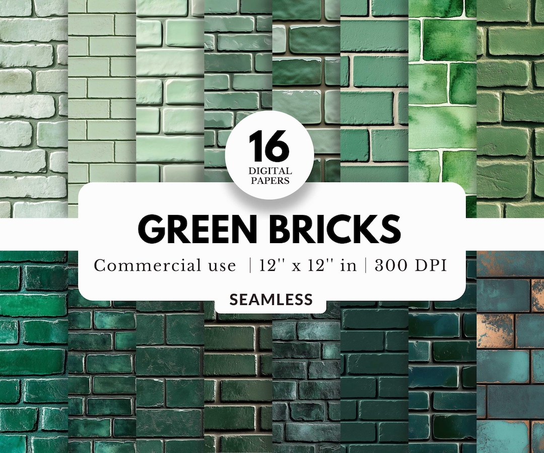 16 Green Brick Texture Digital Papers, Seamless Patterns, 12x12, JPG ...