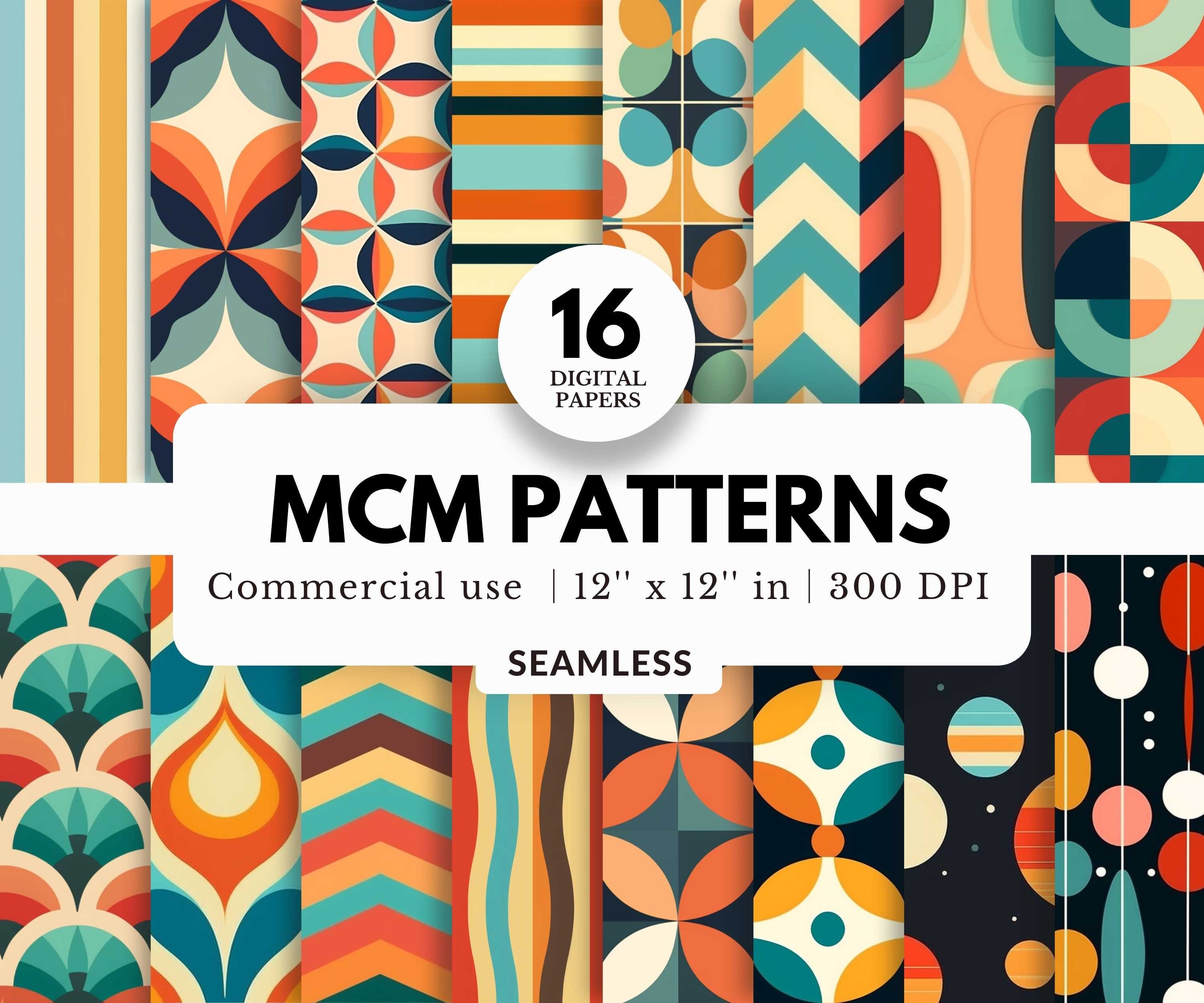 16 Mid Century Modern Pattern Digital Papers, Seamless, 12x12, MCM Wall ...