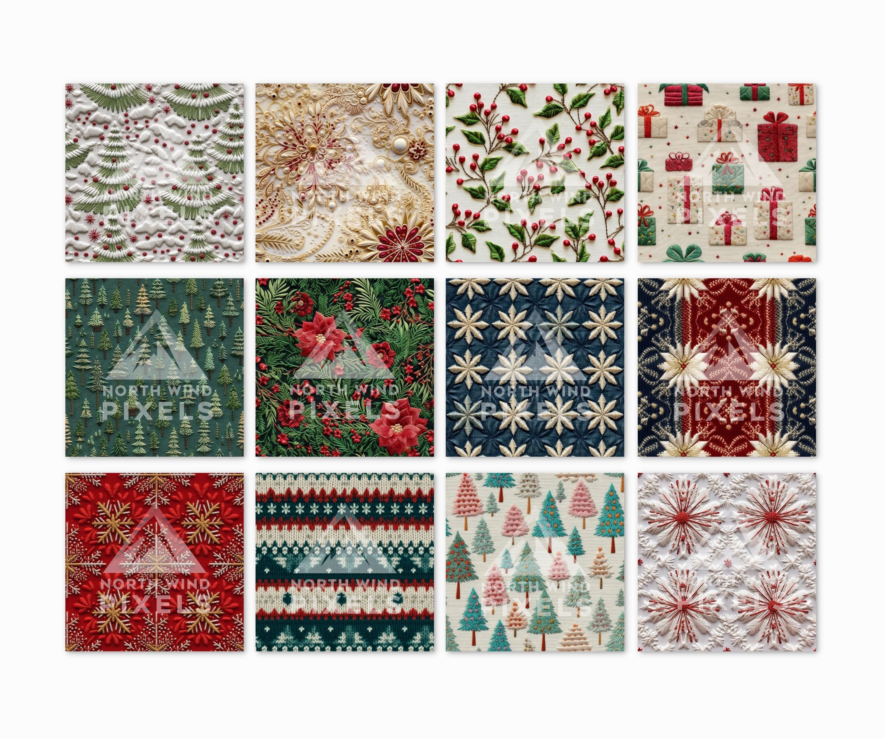 12 Christmas Embroidery Digital Papers, Seamless Pattern, 12x12, JPG ...