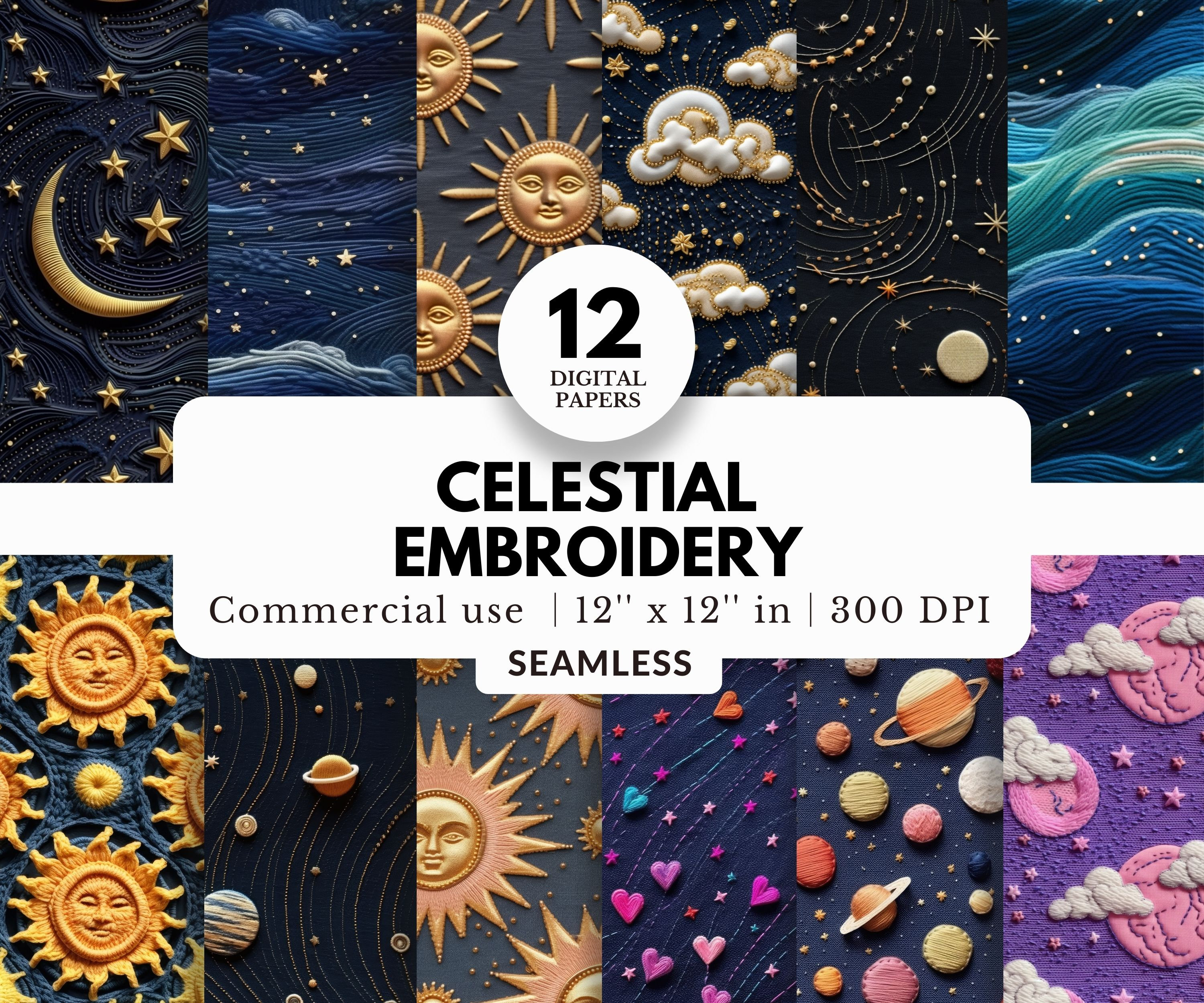 12 Celestial Embroidery Digital Papers, Seamless Patterns, 12x12, JPG ...