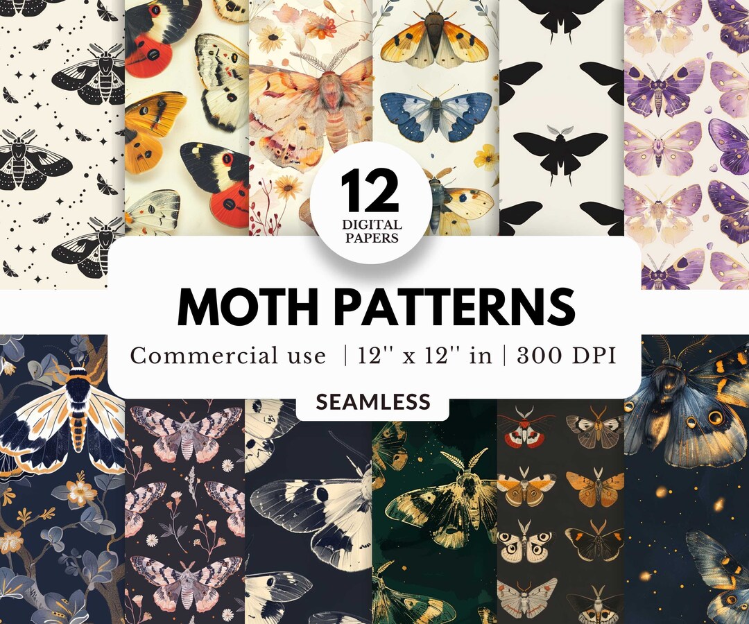 12 Pretty Moth Patterns Digital Papers, 12x12, Seamless Prints, JPG ...