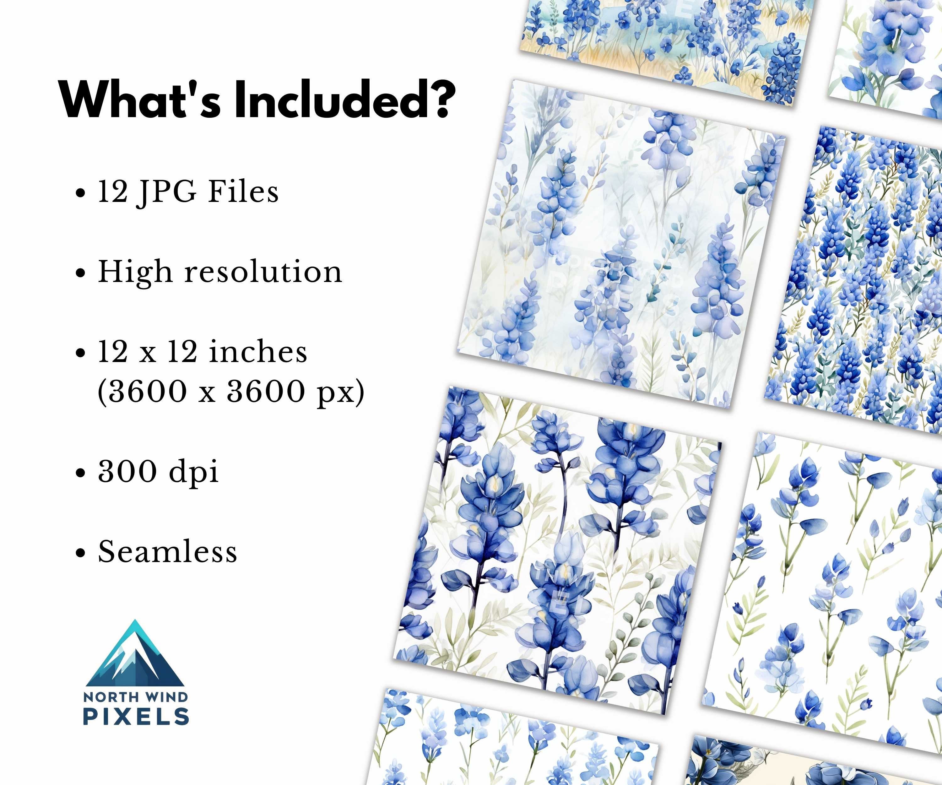 12 Bluebonnet Wildflowers Digital Papers, Seamless Pattern, 12x12, JPG ...