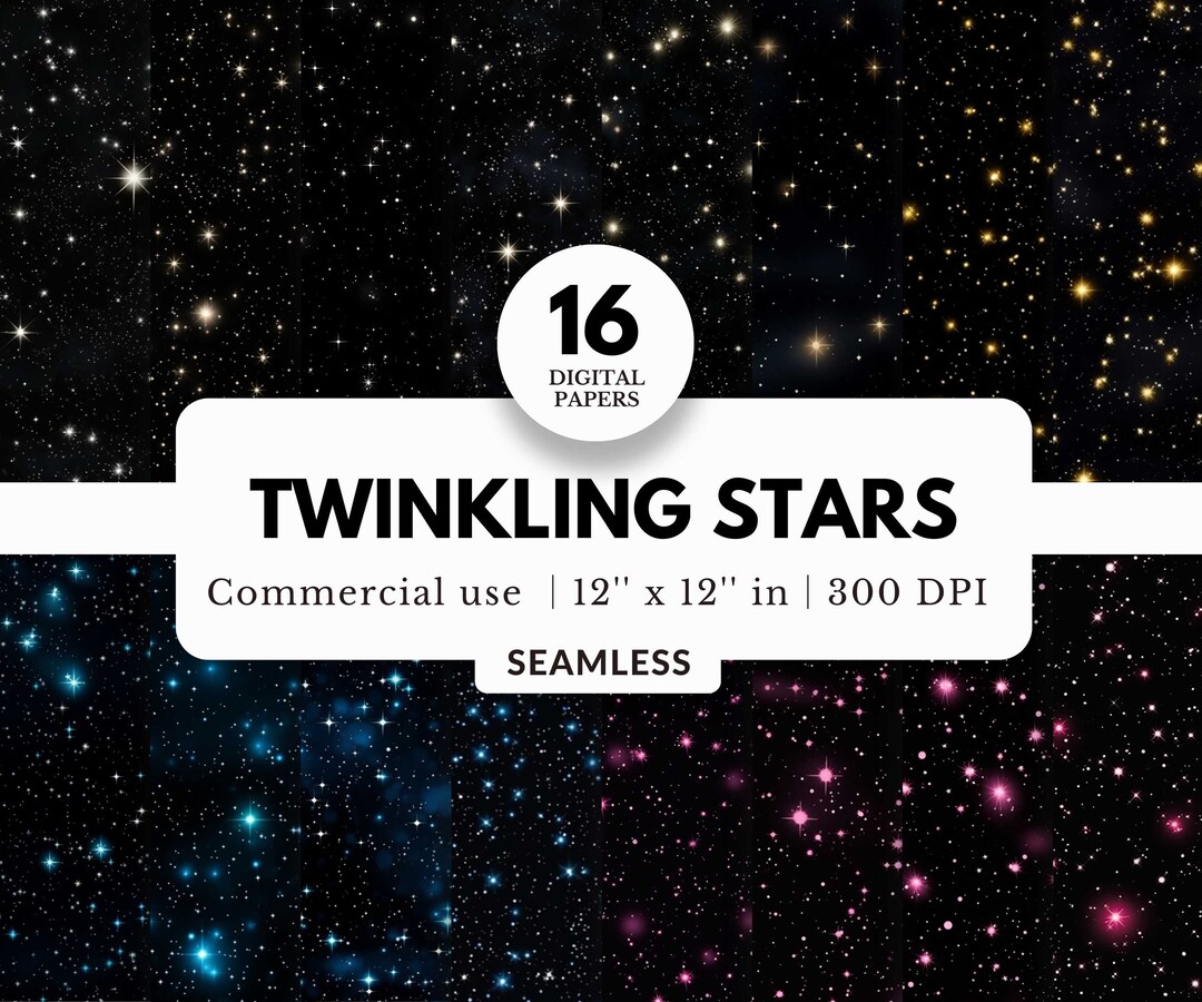 16 Twinkling Stars Digital Papers, Seamless Patterns, 12x12, Black ...