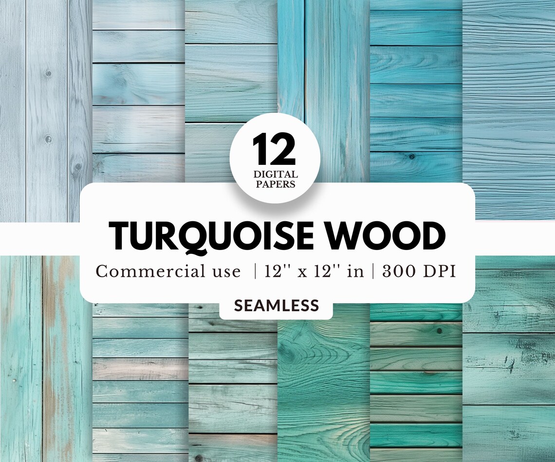 12 Turquoise Wood Grain Digital Papers, Seamless Texture, 12x12, Rustic ...