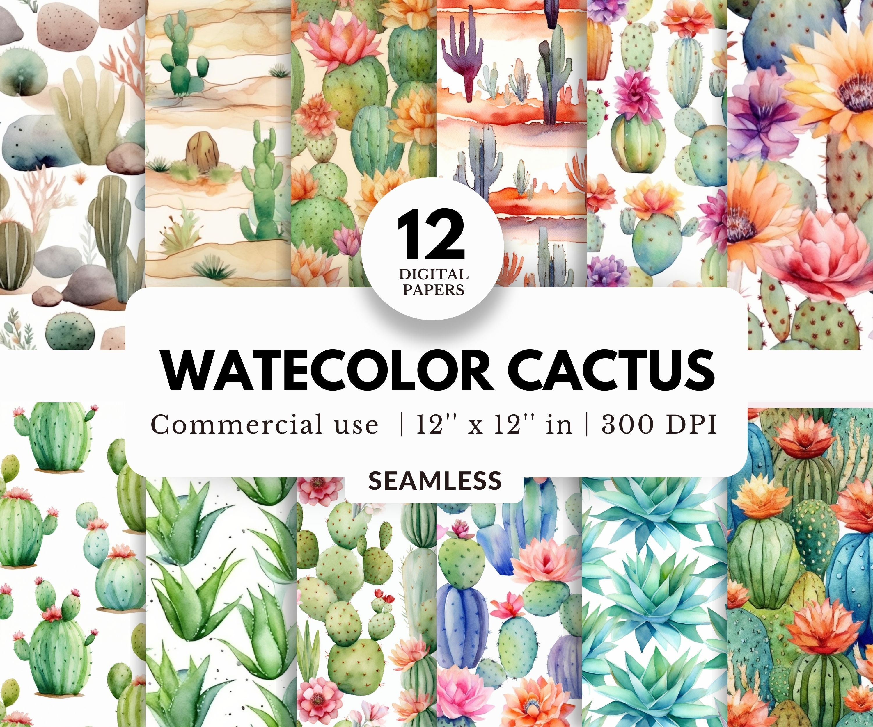 12 Watercolor Cactus Digital Papers Seamless Patterns 12x12 - Etsy
