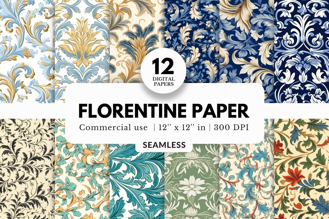 12 Digital Florentine Papers, Seamless, 12x12, Instant Download, Floral ...