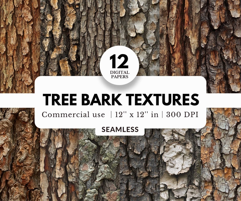 12 Tree Bark Textures Digital Papers, Seamless Pattern, 12x12, JPG ...