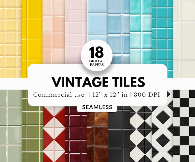 12 Vintage Tile Textures Digital Papers, Repeating Pattern, JPG ...