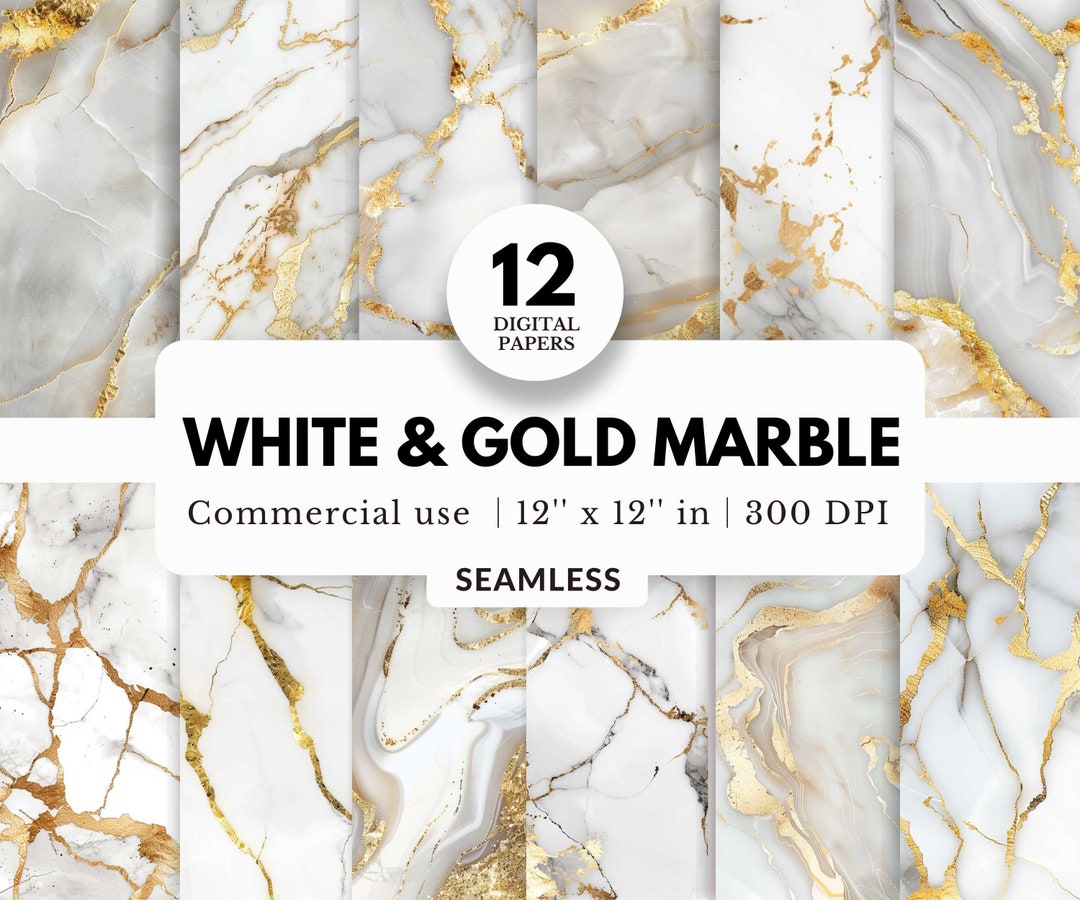 12 White and Gold Marble Digital Papers, Tileable Patterns, JPG ...