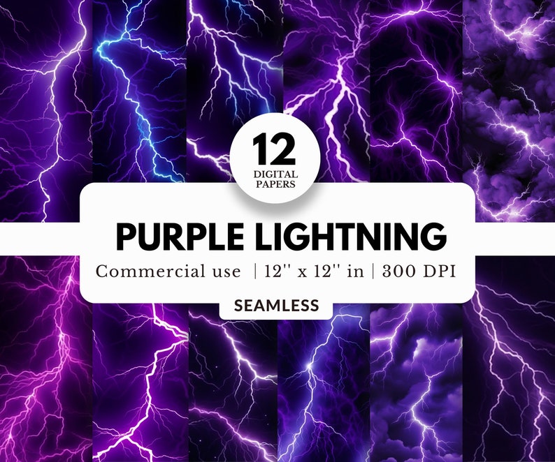 12 Purple Lightning Digital Papers, Seamless Pattern, 12x12, JPG ...
