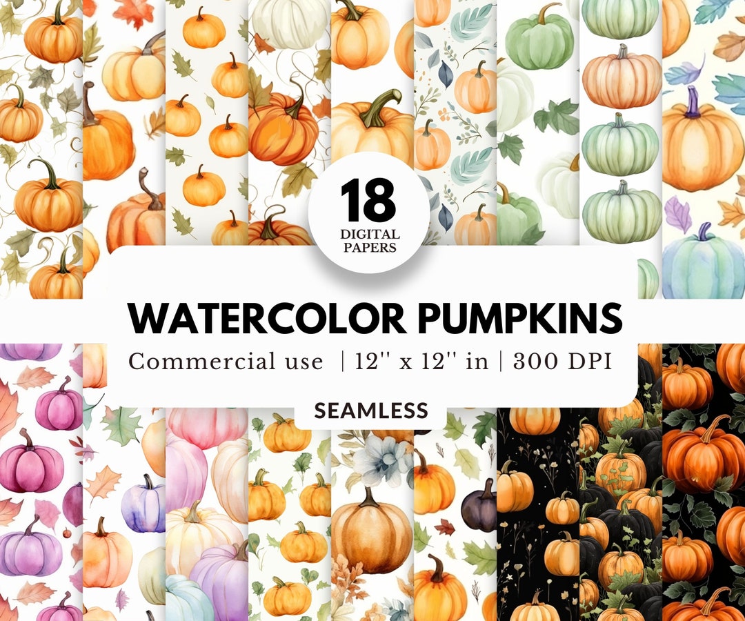 18 Watercolor Pumpkin Digital Papers, Seamless Patterns, 12x12, JPG ...