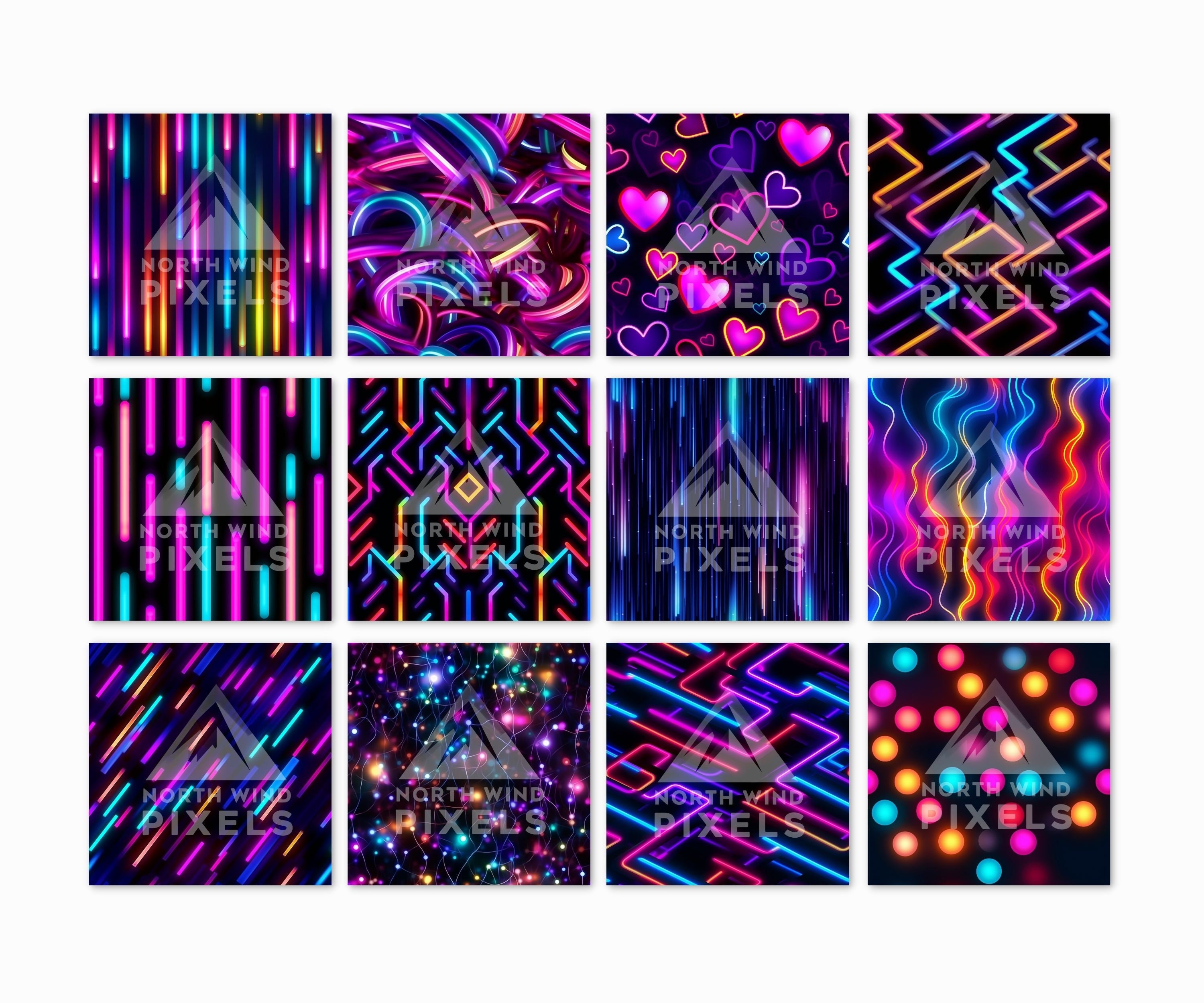 12 Neon Glow Digital Papers, Seamless Pattern, 12x12, JPG Files, Bright ...