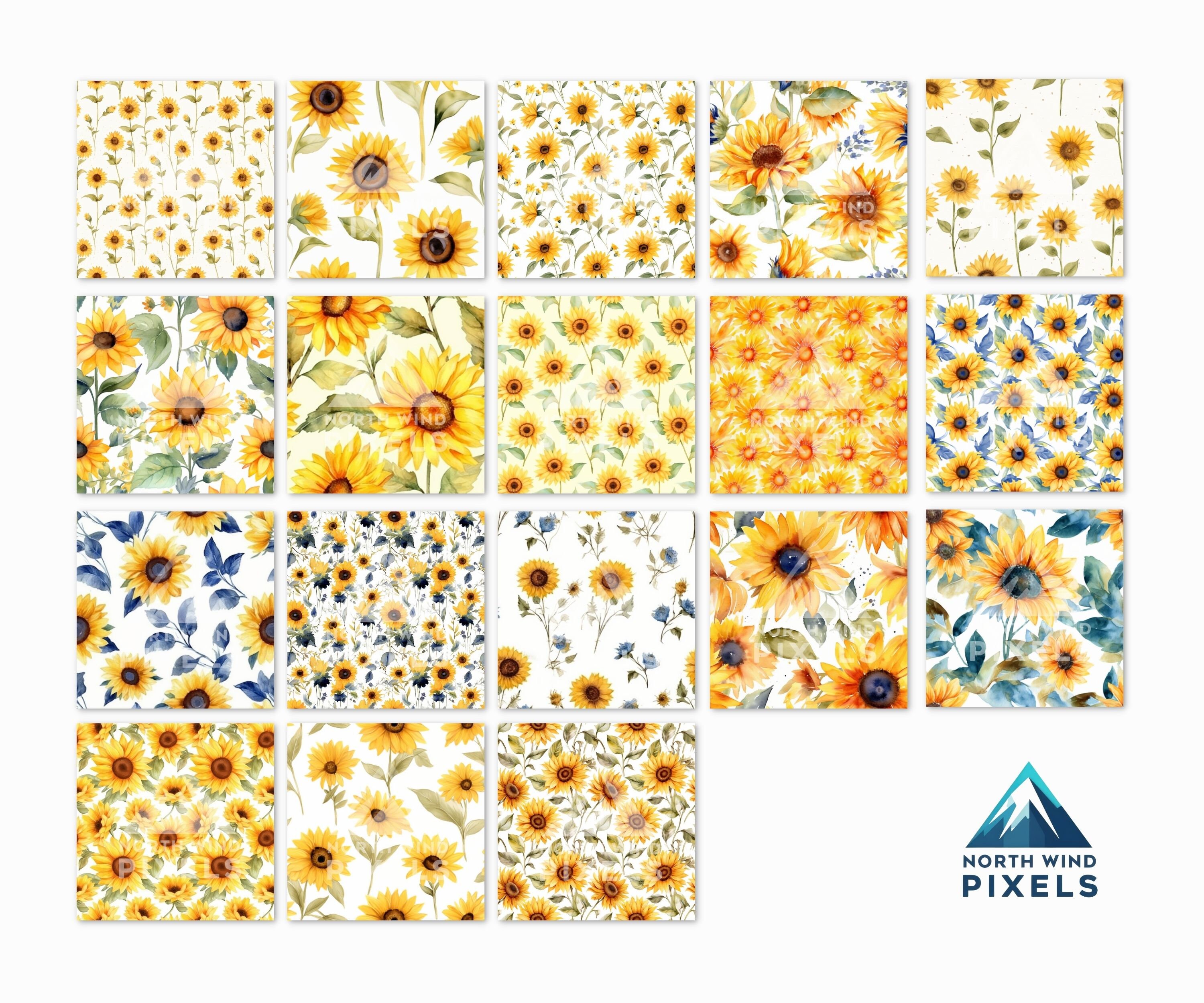 18 Watercolor Sunflowers Digital Papers, Seamless Pattern, 12x12, JPG ...