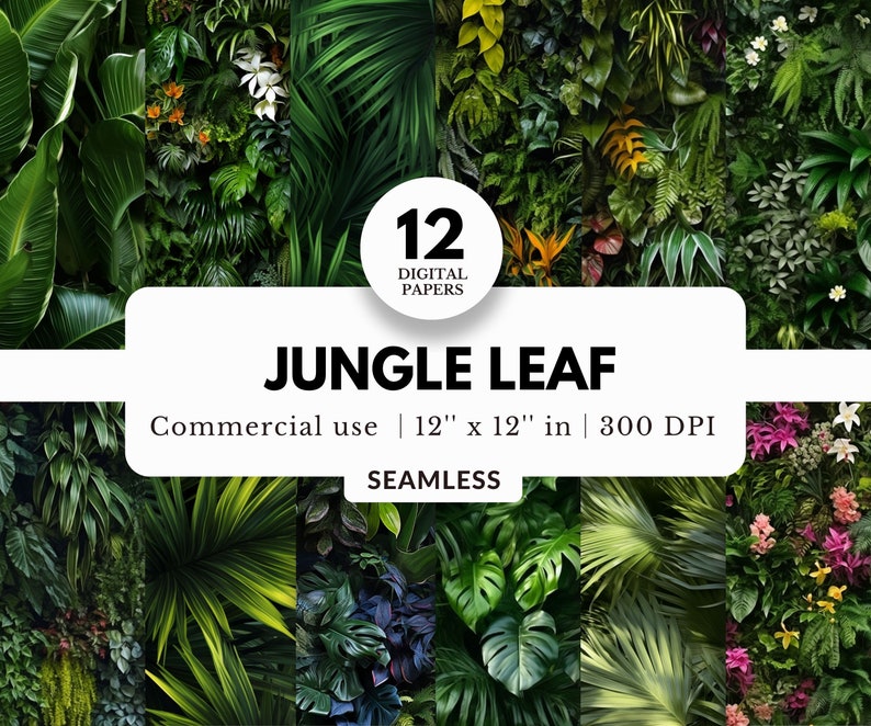 12 Jungle Leaf Digital Papers, Seamless Patterns, 12x12, JPG Download ...
