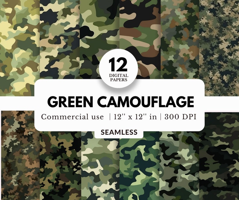 12 Green Camouflage Digital Papers, Seamless Patterns, 12x12, JPG Files ...