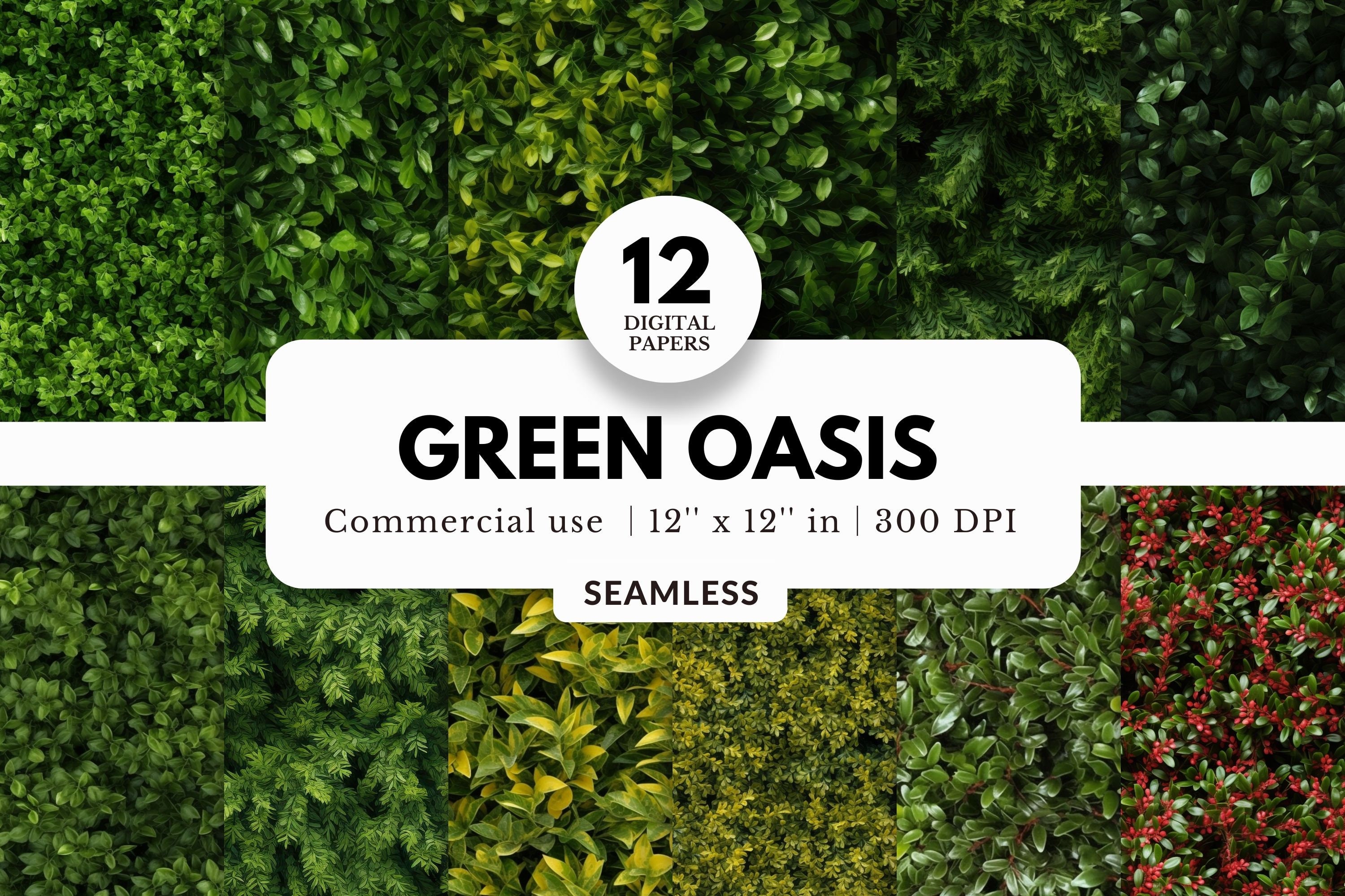 12 Green Oasis Digital Papers, Seamless Textures, 12x12, JPG Files, Greenery Backdrop, Leafy ...