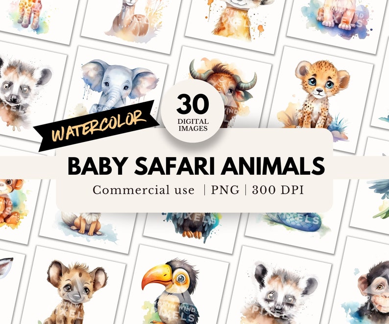 30 Watercolor Baby Safari Animals Clipart PNG Transparent - Etsy