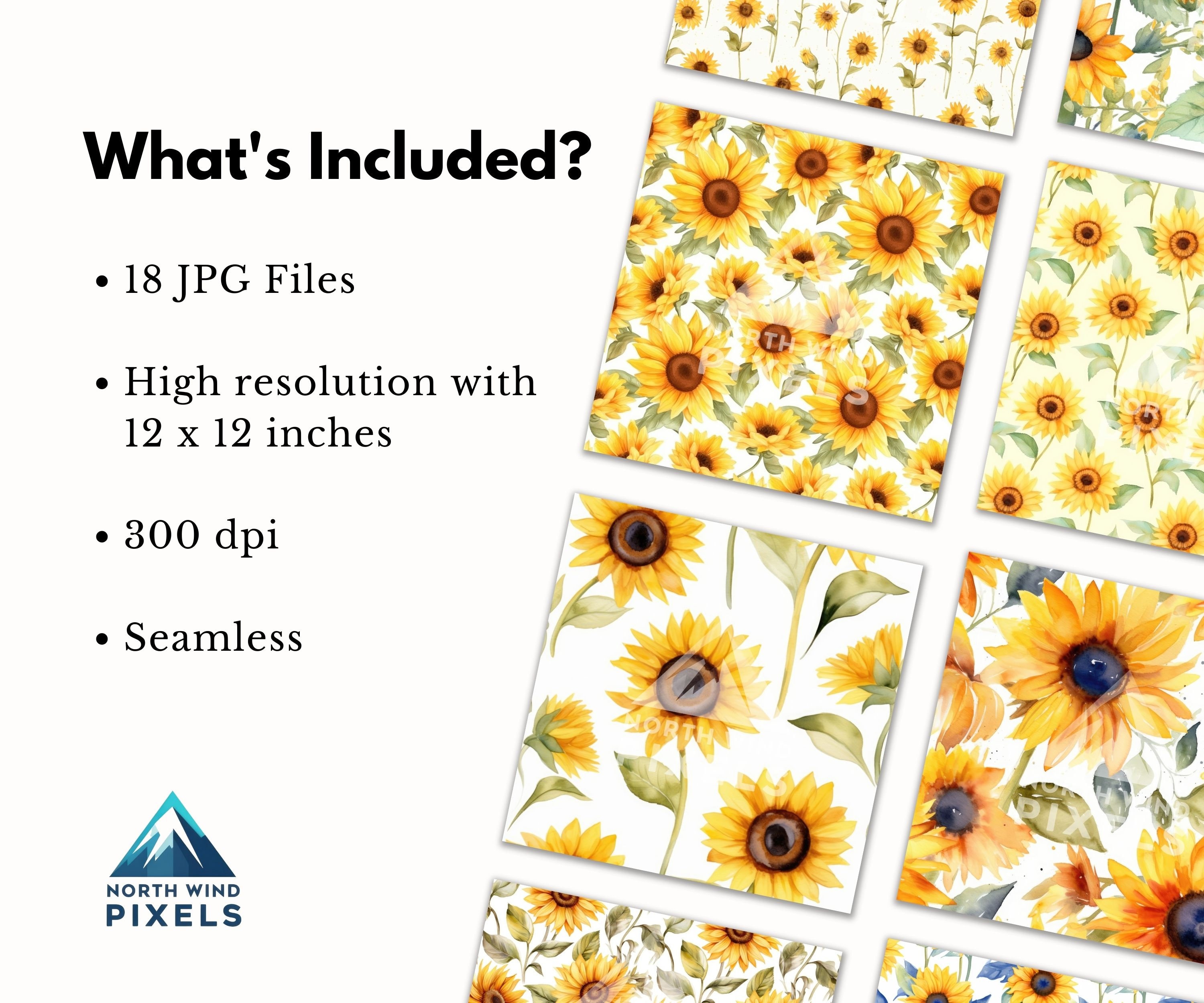 18 Watercolor Sunflowers Digital Papers, Seamless Pattern, 12x12, JPG ...