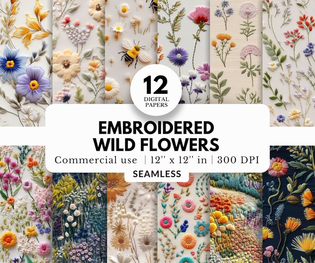 12 Embroidered Wildflowers Digital Papers, Seamless Patterns, 12x12 ...