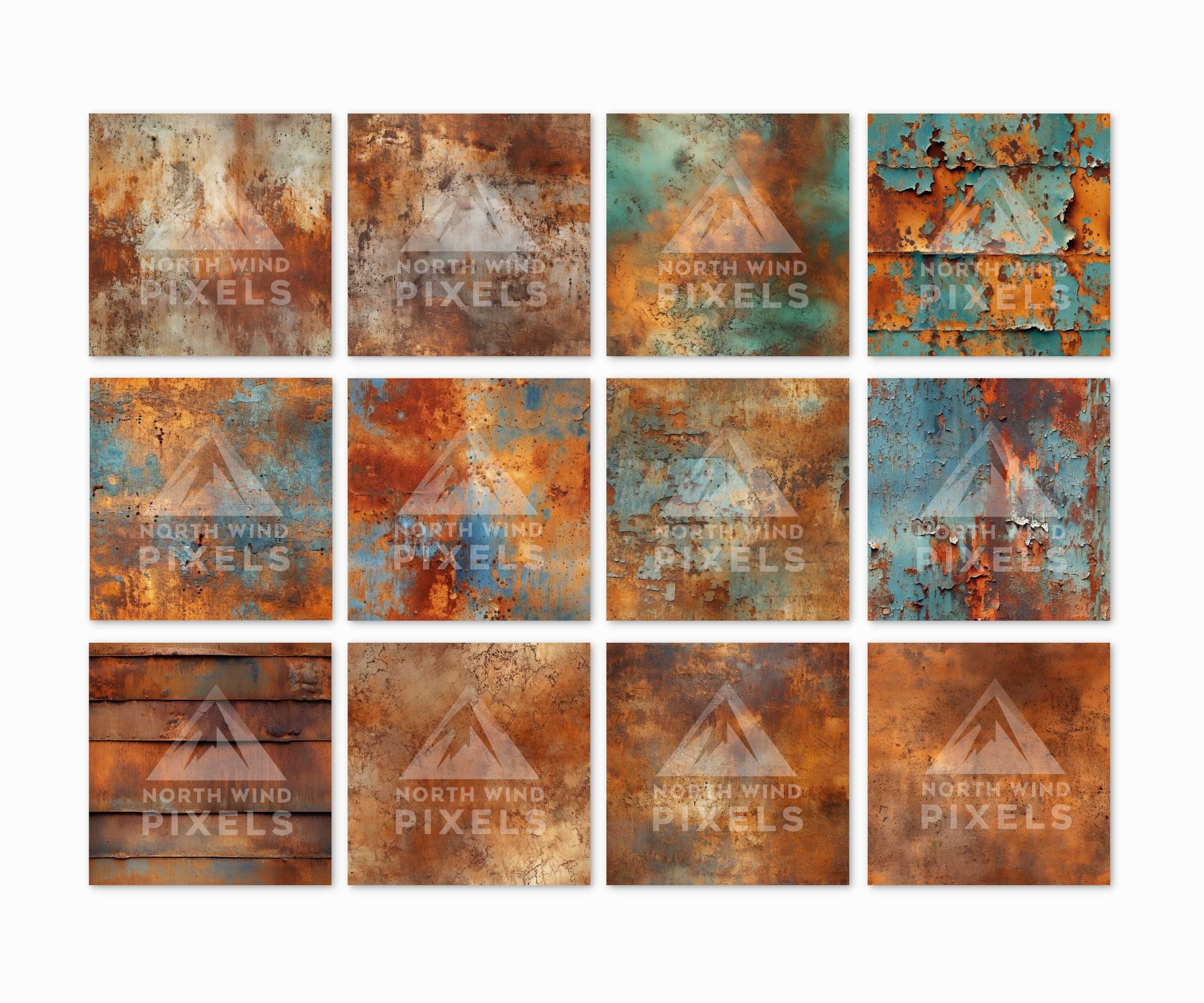12 Metal Rust Texture Digital Papers, 12x12, JPG Download, Industrial Grunge, Copper Patina ...