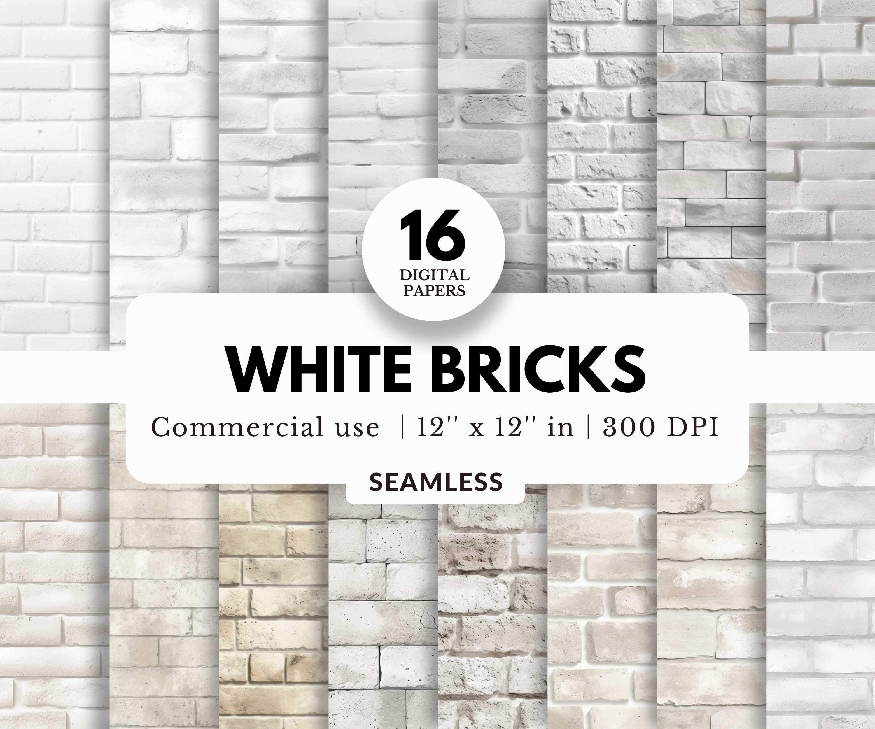 16 White Brick Digital Papers, Seamless Patterns, 12x12, JPG Download ...
