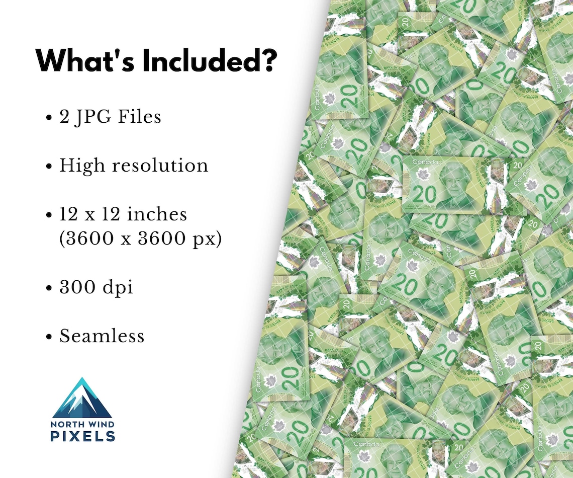 Canada 20 Dollar Bills Digital Papers, Seamless Patterns, JPG Download ...