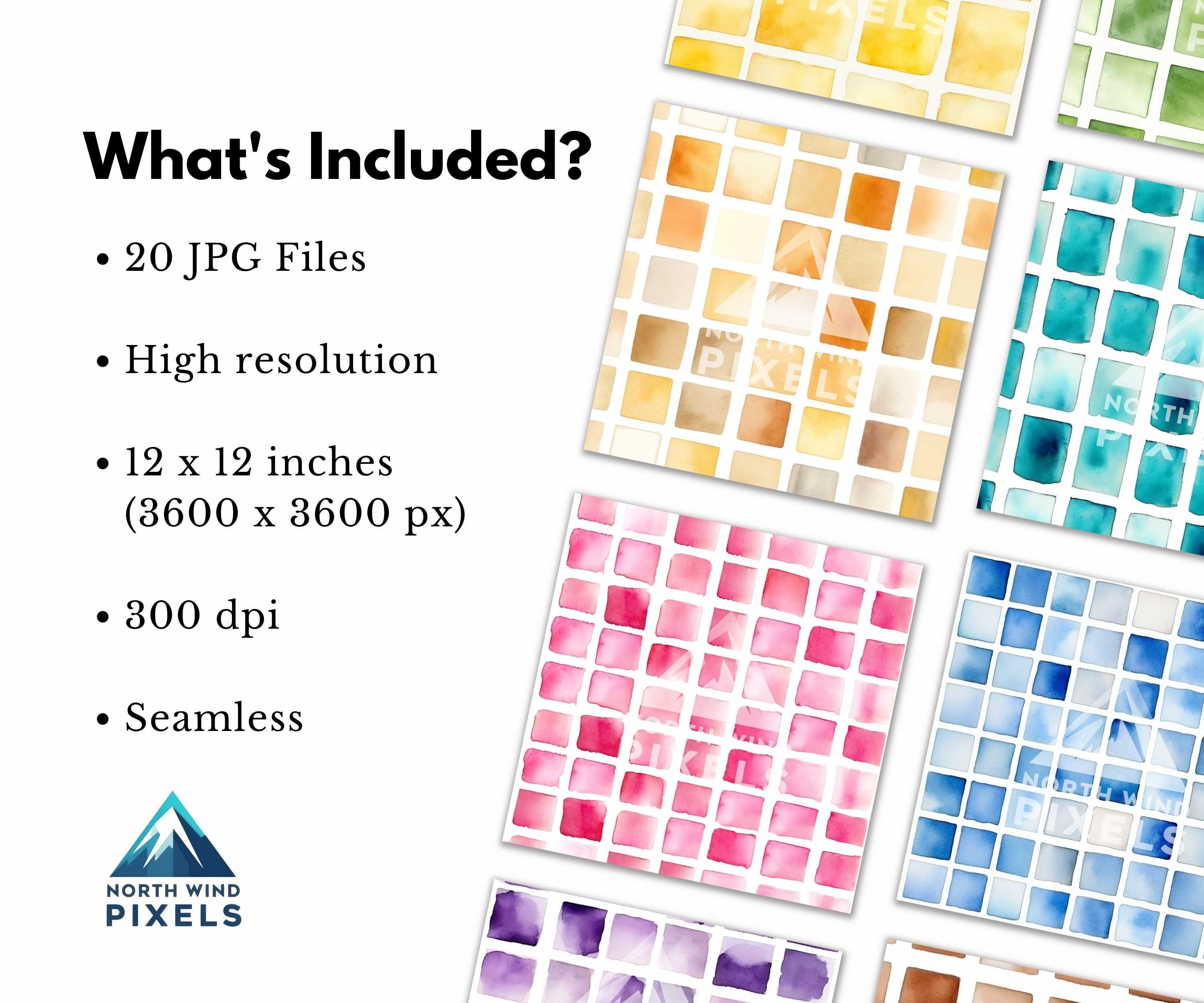 20 Watercolor Squares Digital Papers, Seamless Patterns, 12x12, JPG ...