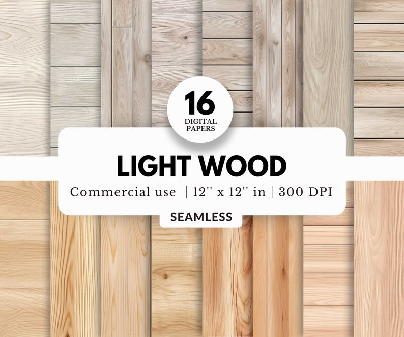 16 Light Wood Digital Paper Pack, Seamless Textures, 12x12, Soft ...
