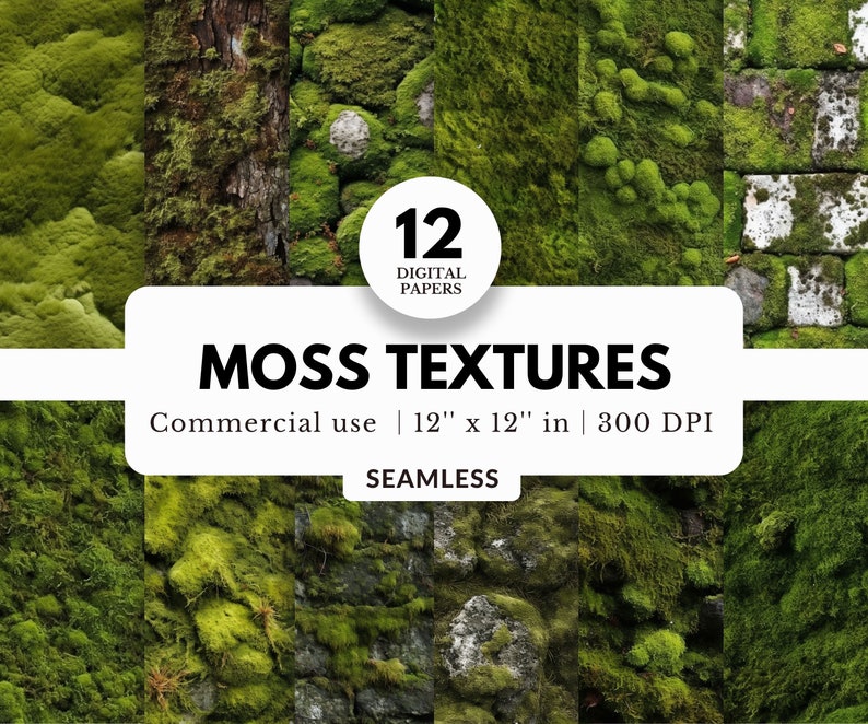 12 Moss Texture Digital Papers, Seamless Pattern, 12x12, Lush Forest ...