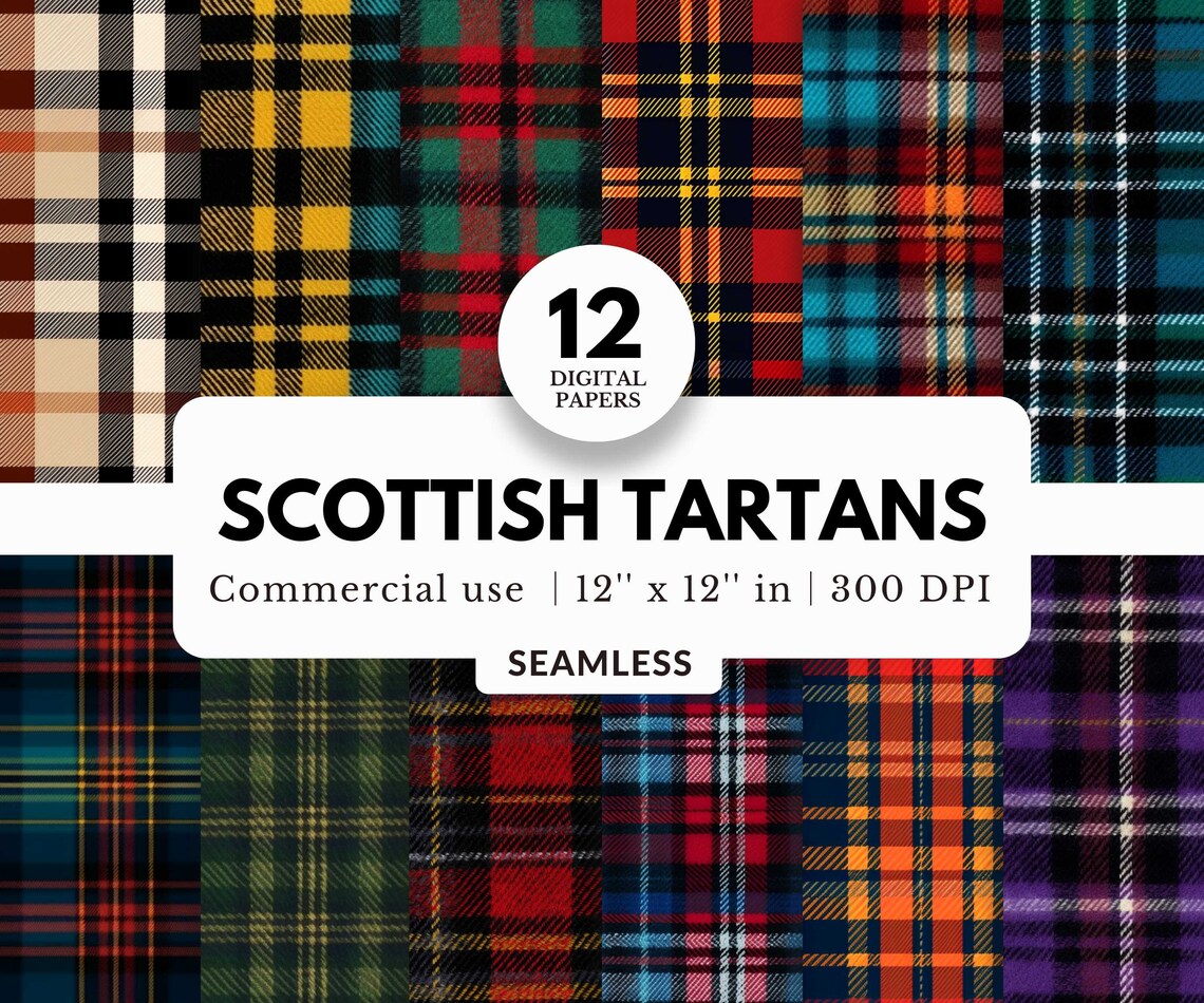 12 Scottish Tartans Digital Paper Bundle, Seamless Pattern, 12x12, JPG ...