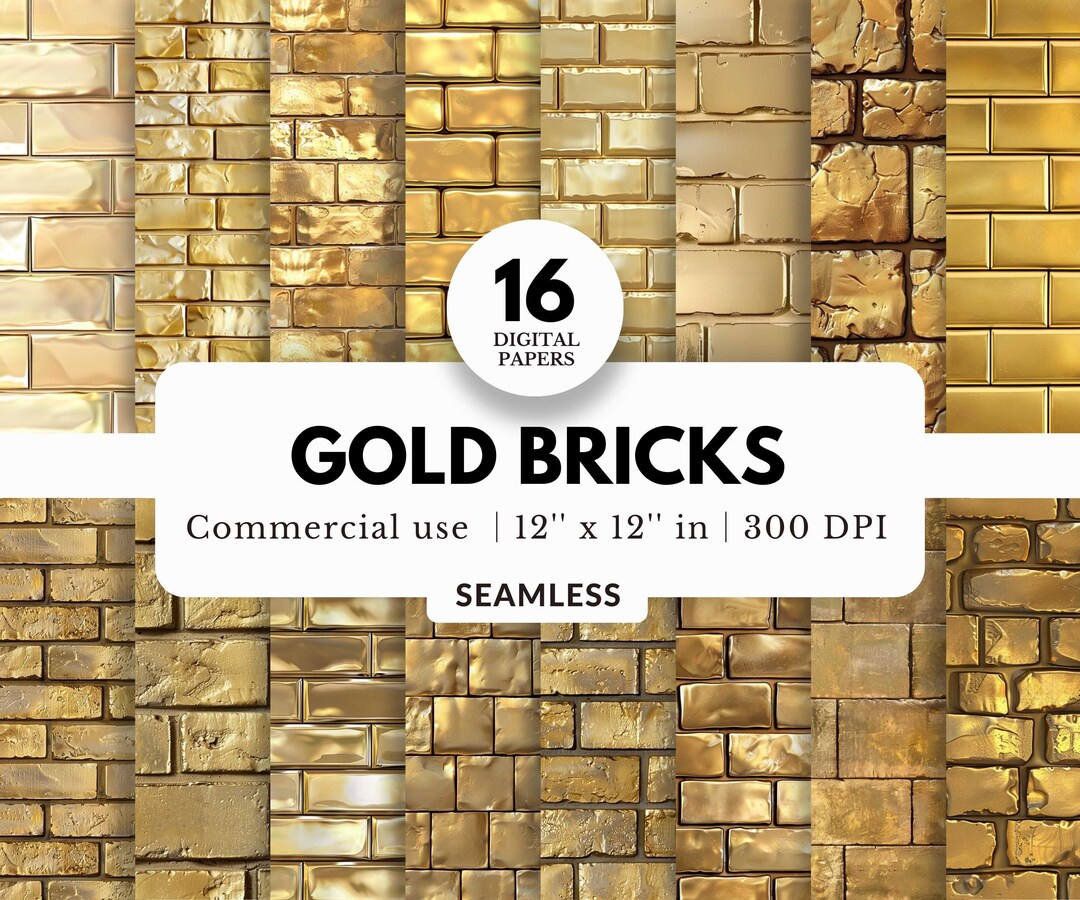 16 Gold Brick Digital Paper Bundle, Seamless Patterns, 12x12, JPG Download, Brick Wall Texture ...