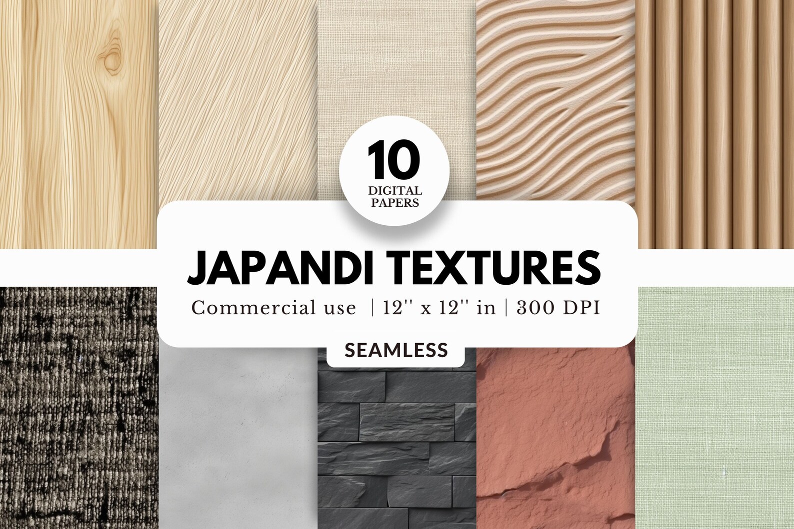 10 Japandi Textures Digital Papers, Seamless, 12x12, Neutral Interior ...