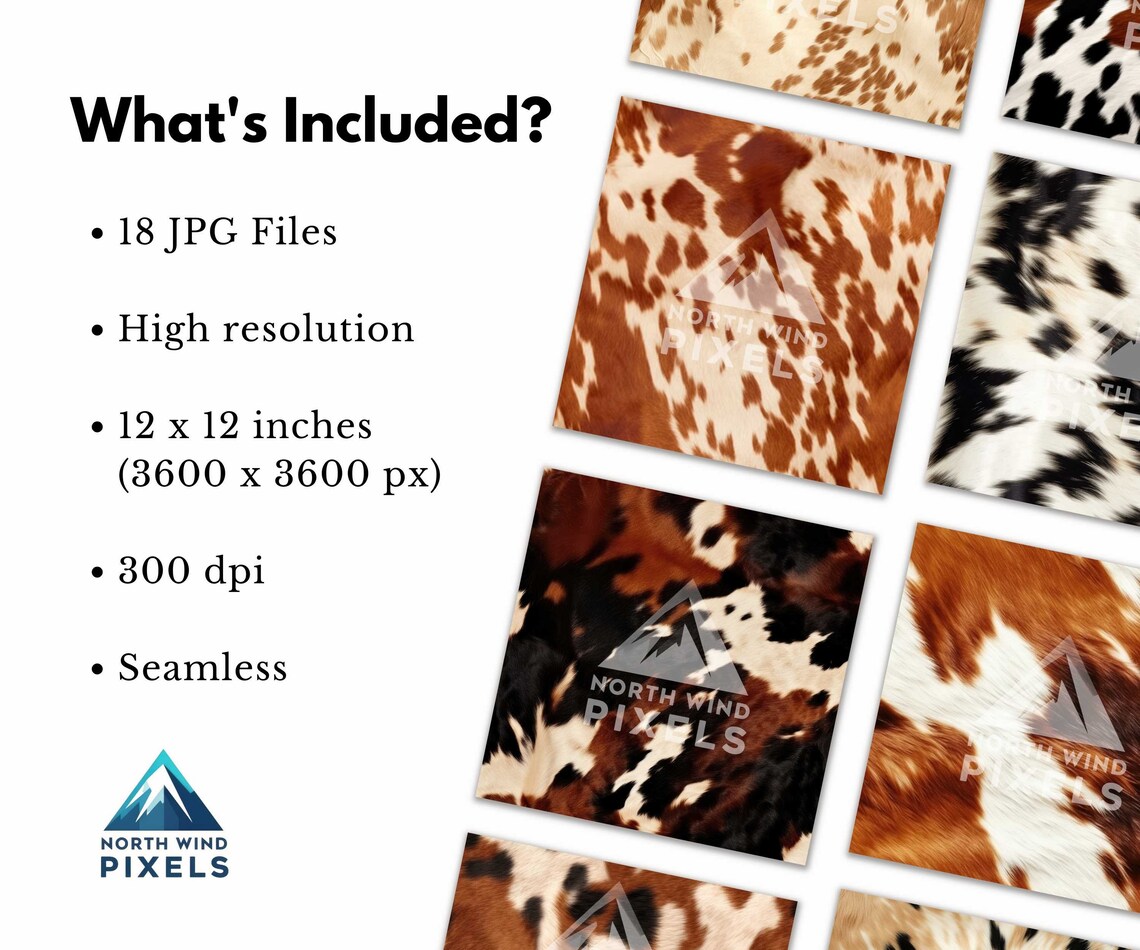 18 Cow Hide Texture Digital Papers, Seamless Patterns, 12x12, Rustic ...