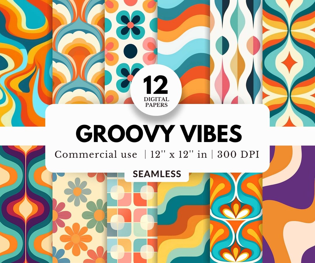 12 Groovy Vibes Digital Papers, Seamless Patterns, 12x12, JPG Download ...