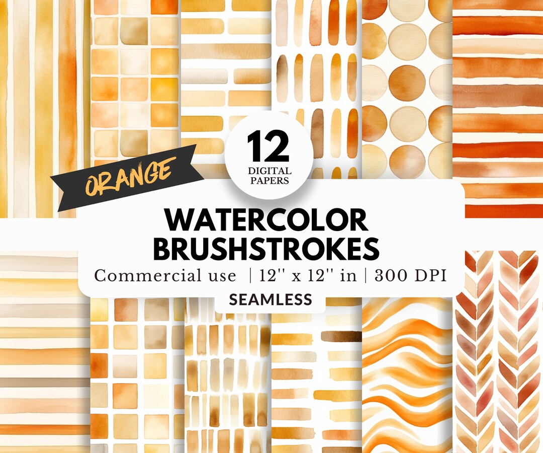 12 Orange Watercolor Brushstrokes Digital Papers, Seamless Patterns ...