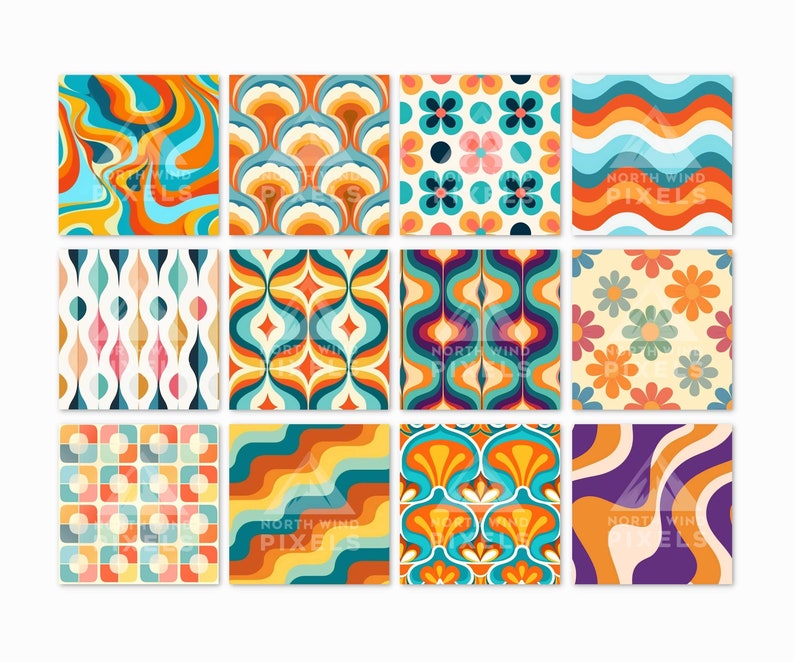 12 Groovy Vibes Digital Papers, Seamless Patterns, 12x12, JPG Download ...
