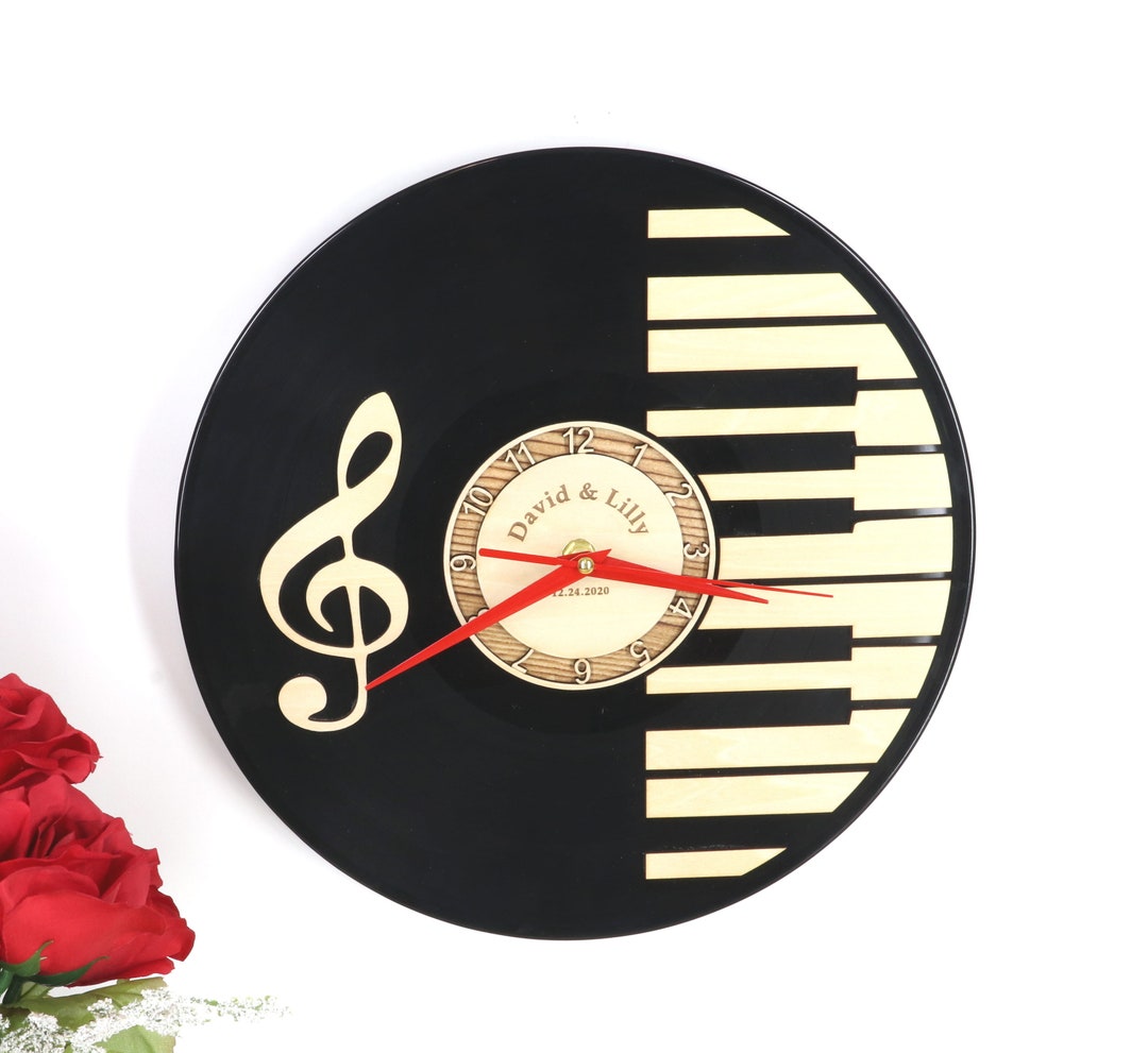 Personalized 11.75" Vinyl & Wooden Piano Wall Clock, Piano Clock, 3D ...