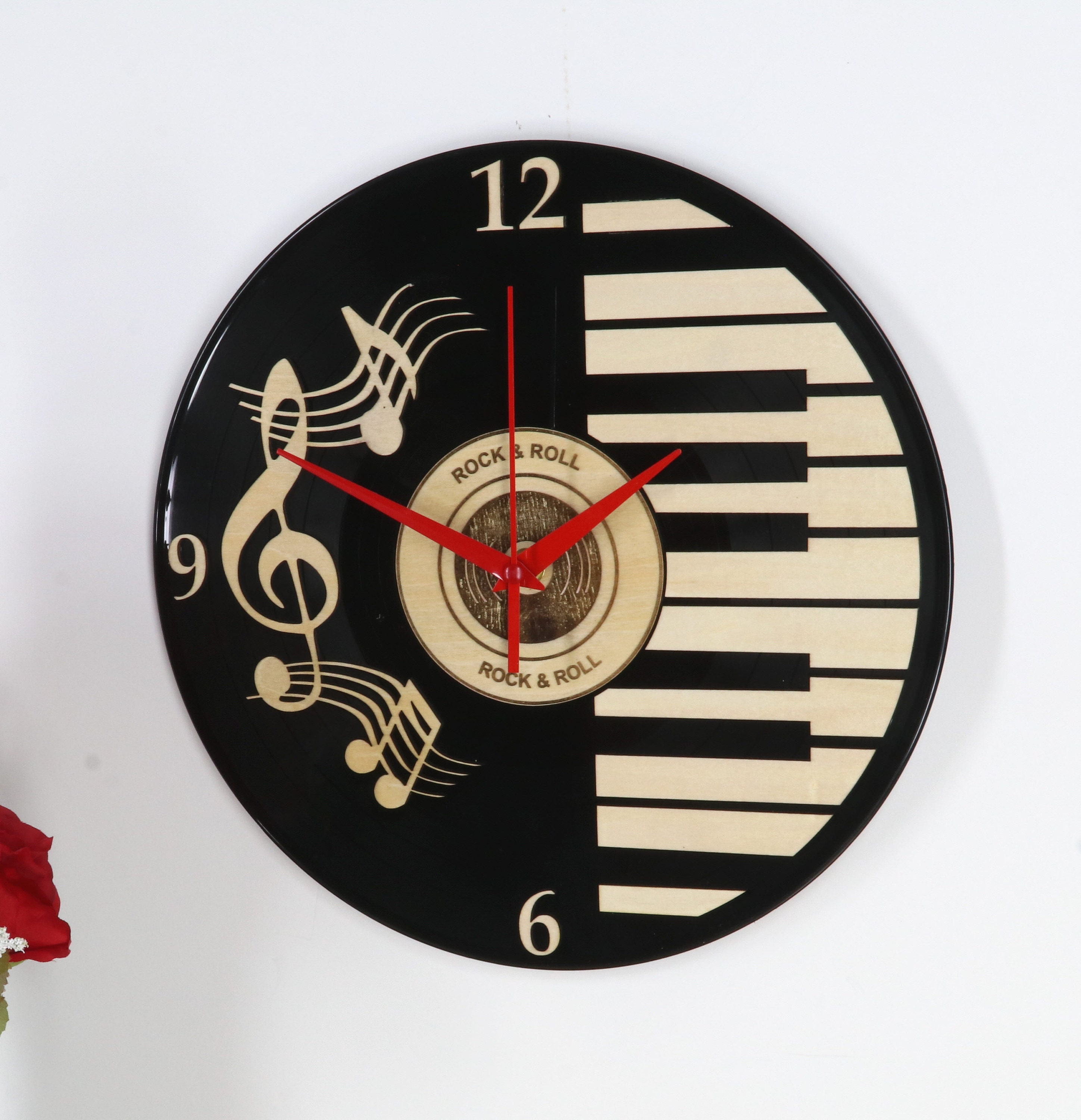 11.75 Vinyl & Wooden Piano Wall Clock, Piano Clock, 3D Piano, Music ...